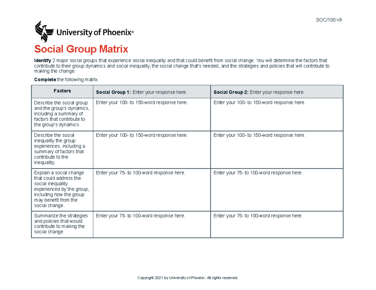 SOC/100 v9 Wk5 Social Group Inequality Matrix and Change Strategies ...