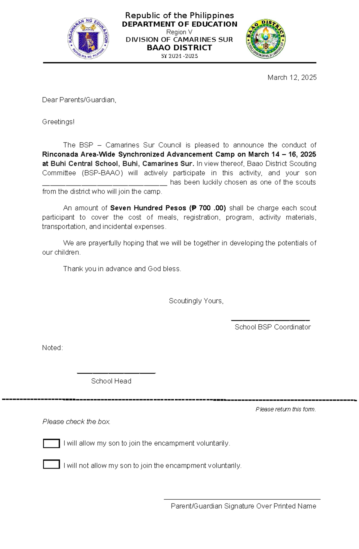 BSP Camp Waiver Form for Baao District Scouts - March 2025 - Studocu