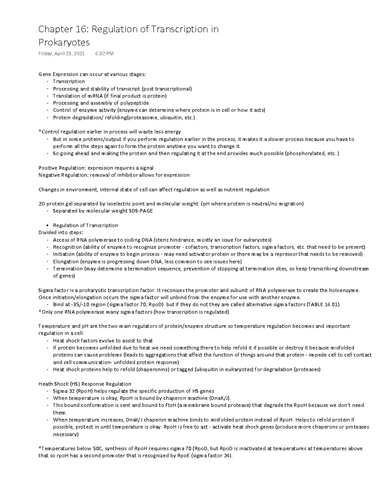 Chapter 16 - Lecture notes 16 - Chapter 16: Regulation of Transcription ...