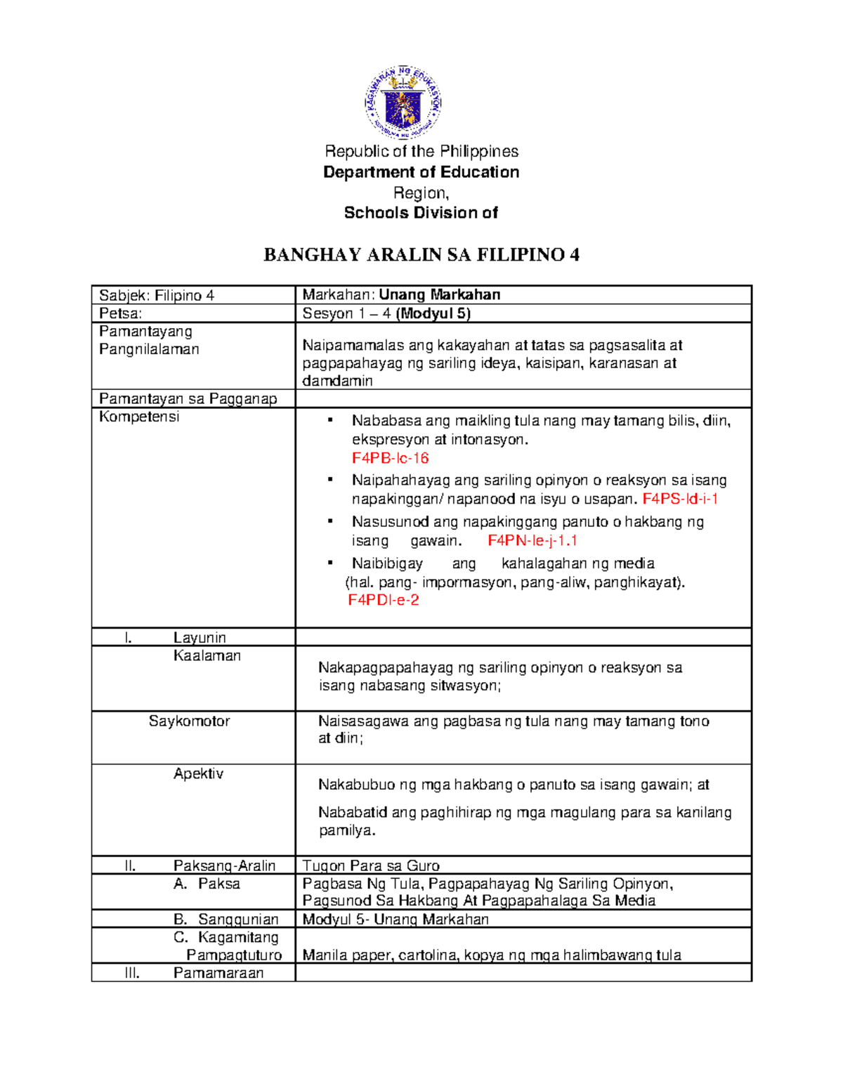 Filipino-4 Unang Markahan Week 5 Lesson Plan and Activities - Studocu