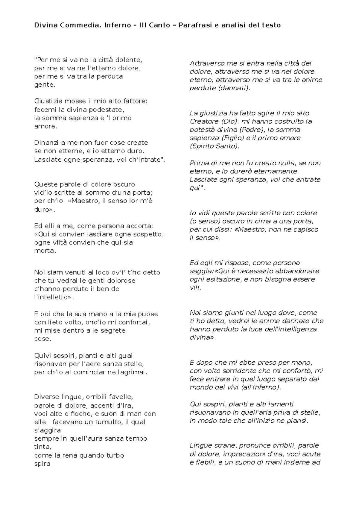 Divina Commedia: Inferno Canto III - Parafrasi e Analisi del Testo ...