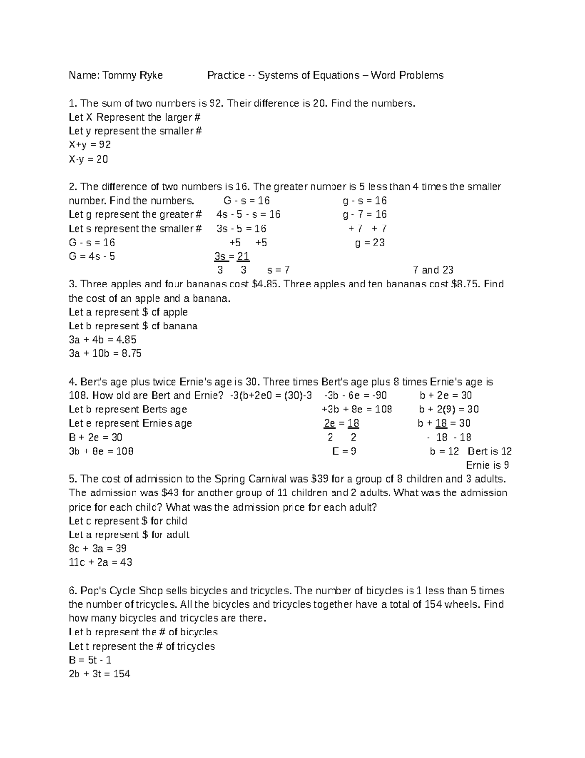 Math Homework: Systems of Equations Word Problems (Practice) - Studocu