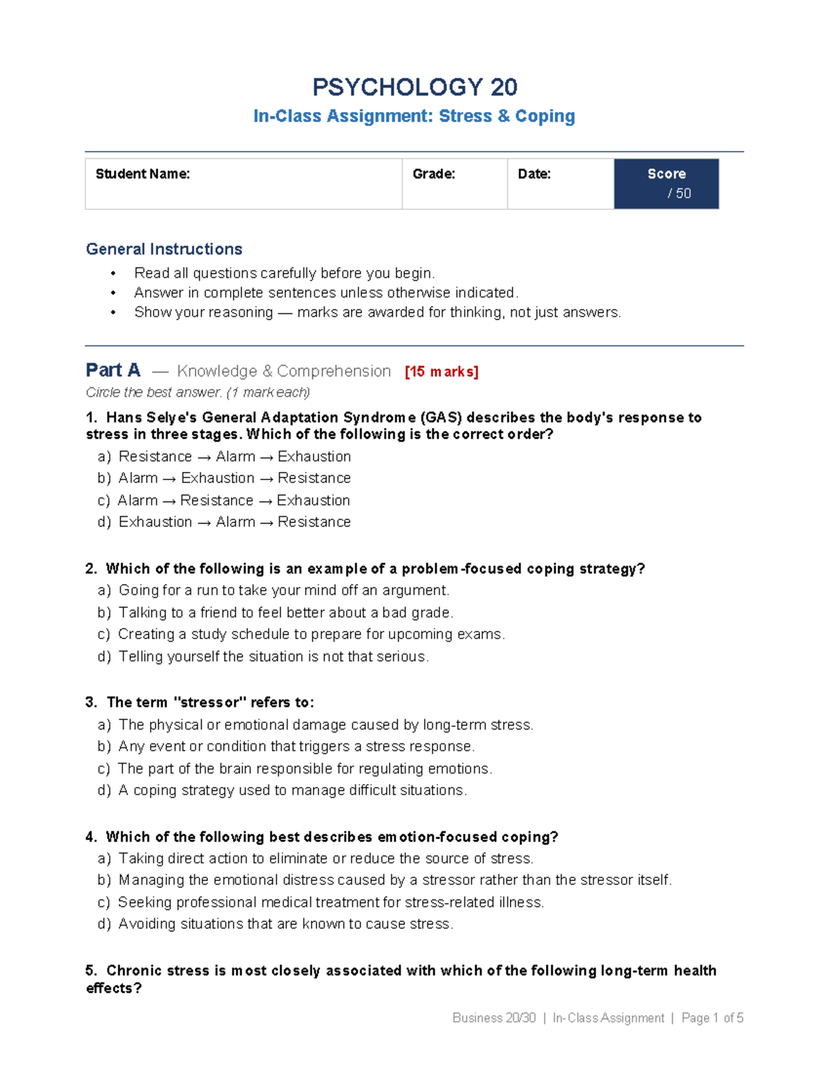 PSYCHOLOGY 20 Assignment: Stress and Coping Analysis - Studocu