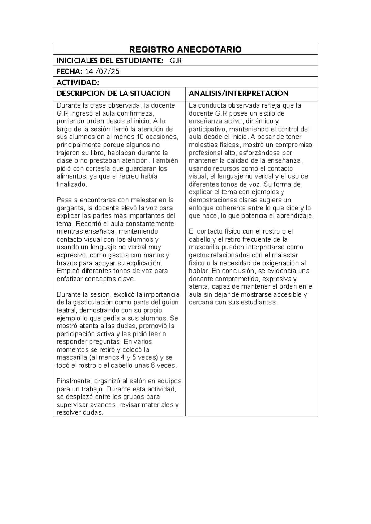 Registro Anecdotario Docente: Observación de Clase G.R. - Studocu