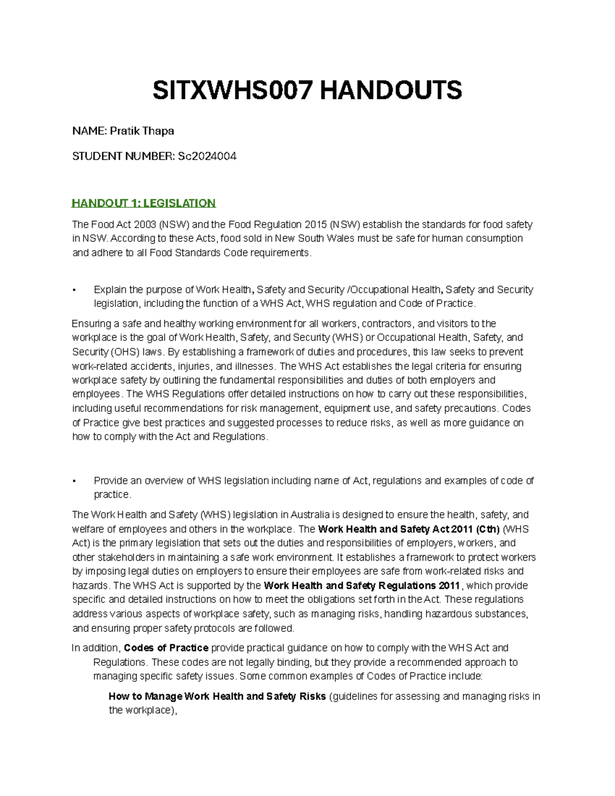 SITXWHS007 Handouts - Comprehensive Overview of WHS Legislation - Studocu