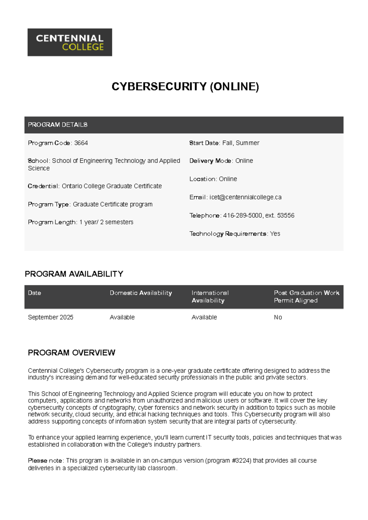 Cybersecurity Program Overview - Centennial College (Code: 3664) - Studocu