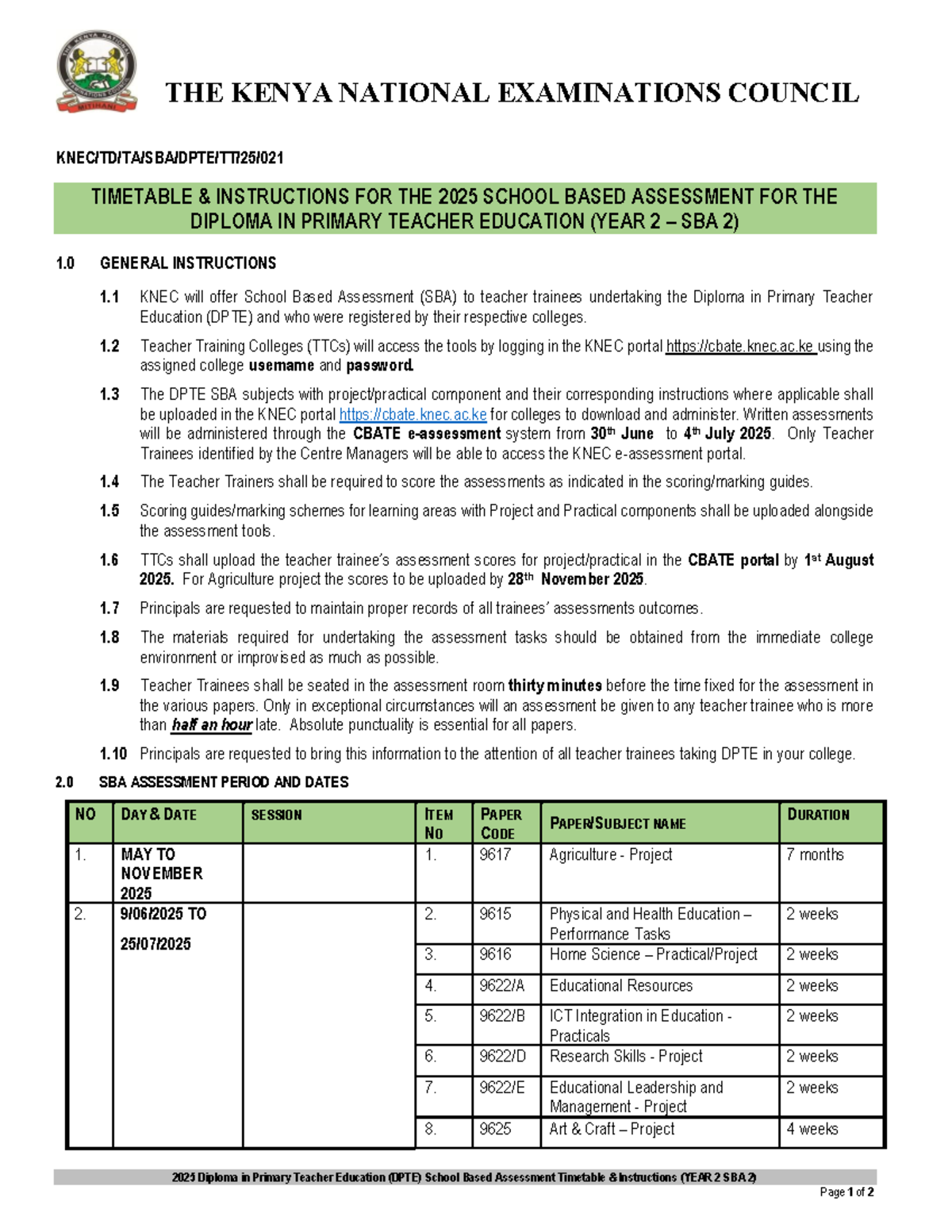 DPTE 2025 Year 2 SBA Timetable Instructions and Guidelines - Studocu