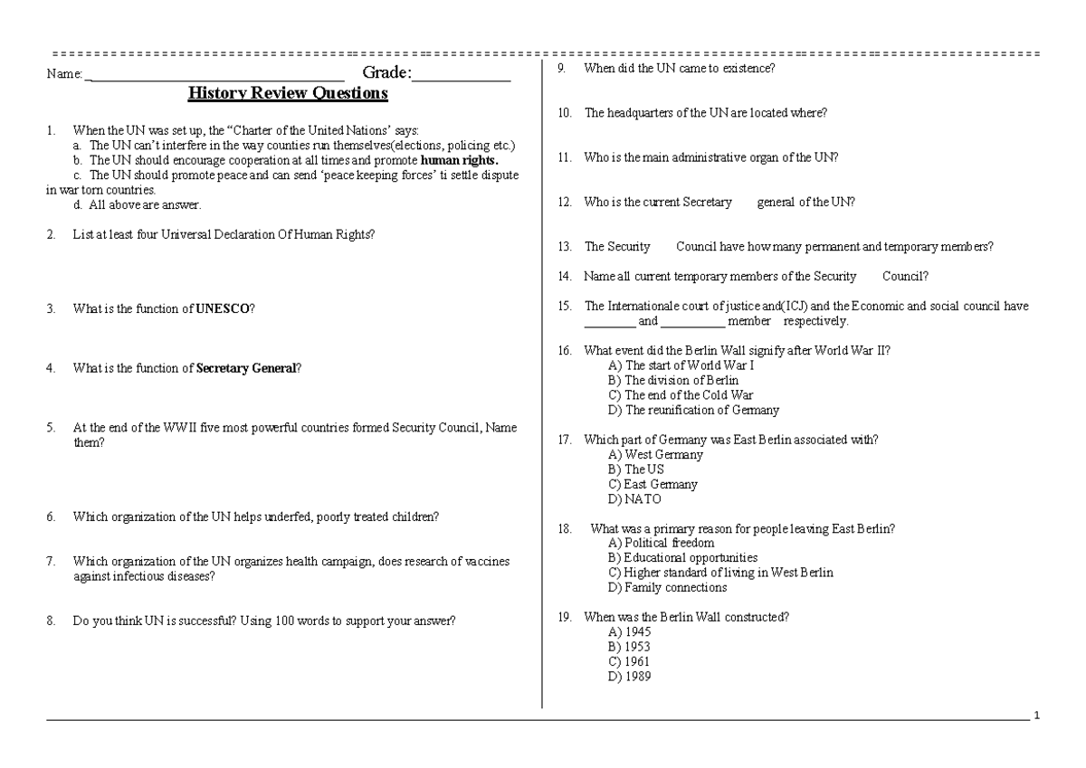 History Final Exam Questions: UN, Berlin Wall, and Cold War Insights ...