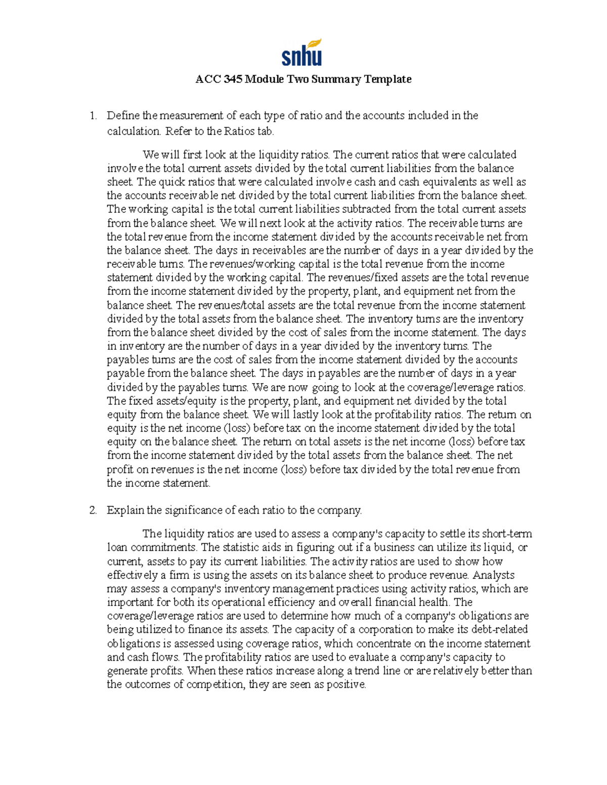 ACC 345 Module Two Summary: Ratio Analysis and Fair Value Measurements - Studocu