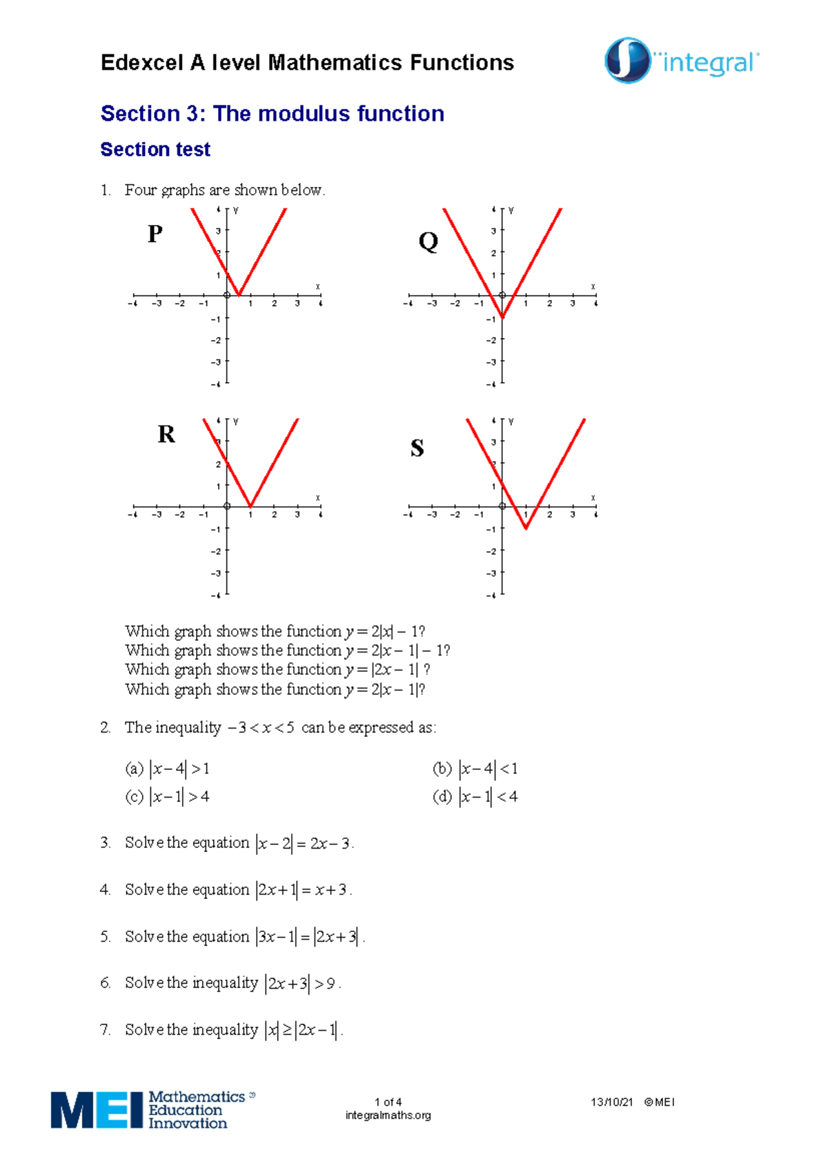 Edexcel A Level Maths Functions Section 3: Modulus Function Test ...
