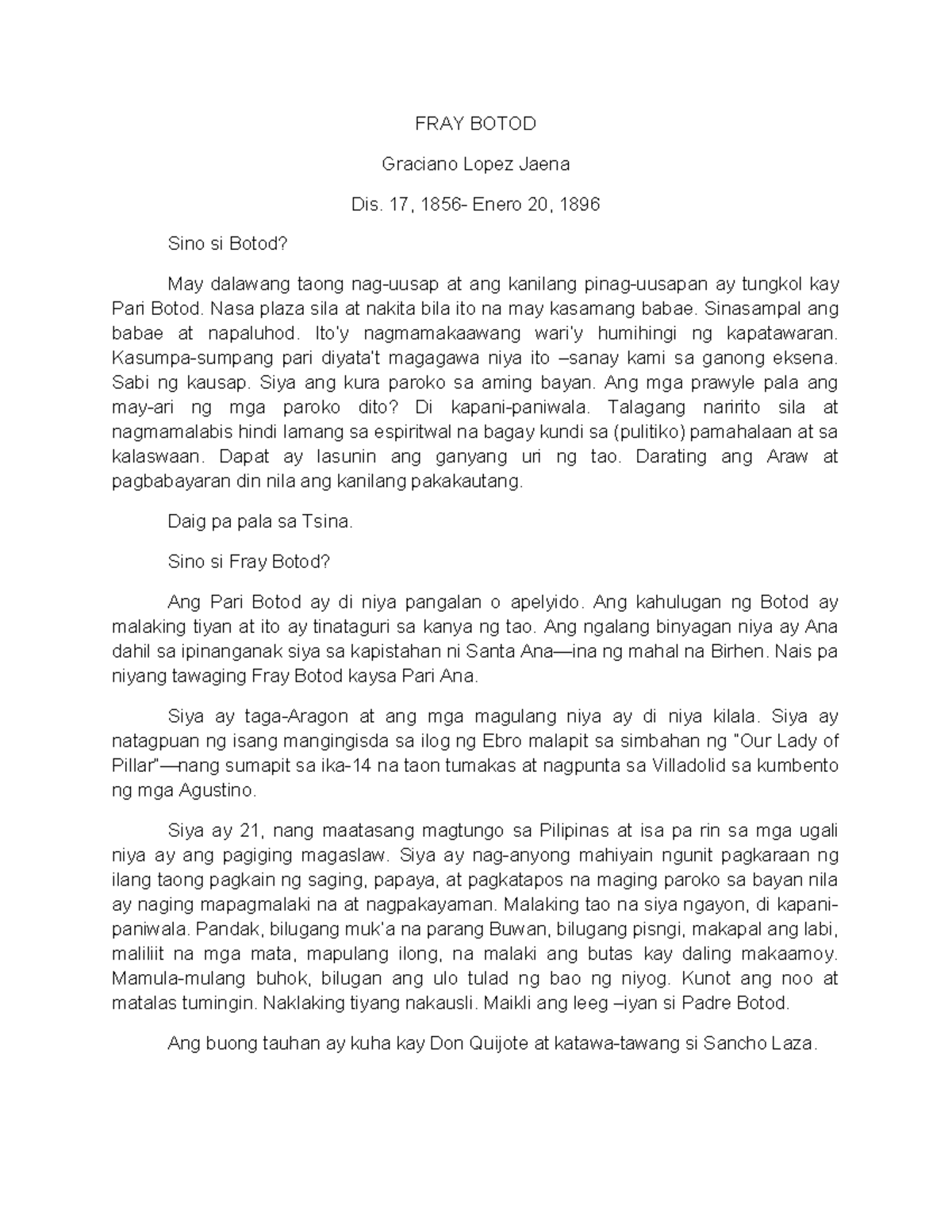 FRAY BOTOD: Isang Kritikal na Pagsusuri sa Tauhan at Tema - Studocu