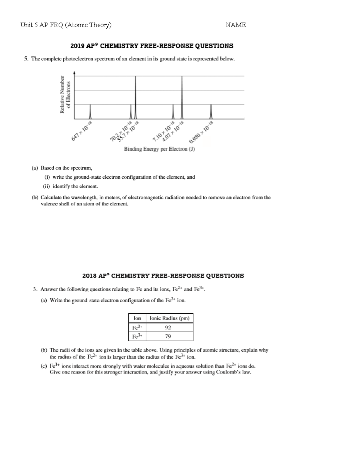 FRQ Review (Unit #5) (Tutoring) #1 - Unit 5 AP FRQ (Atomic Theory) NAME ...