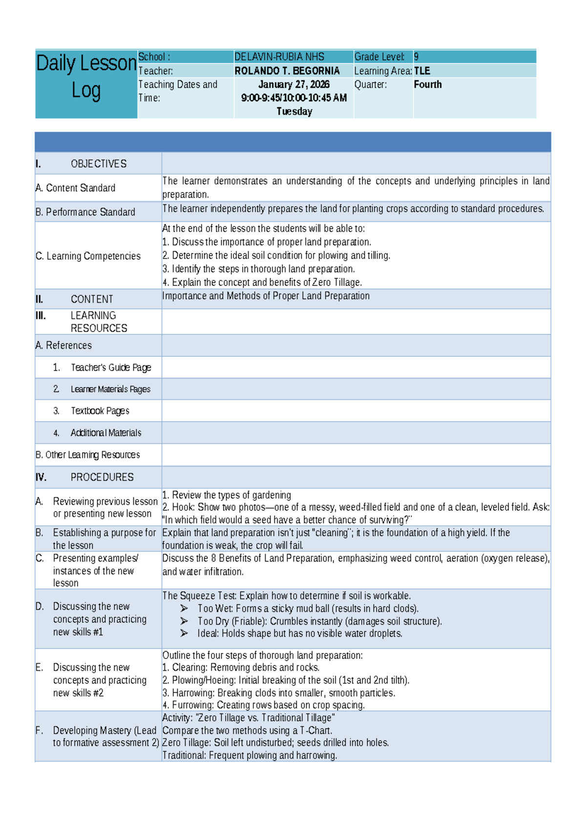 DLL TLE-1 073820 - Lesson Plan on Proper Land Preparation - Studocu