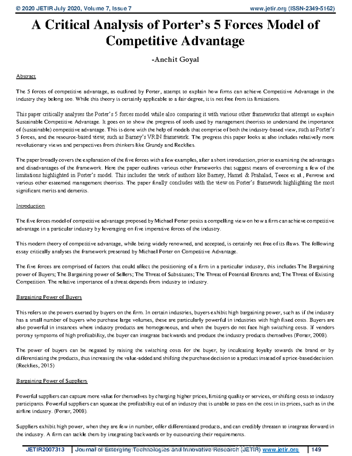 JETIR2007313: A Critical Analysis of Porter’s 5 Forces Model - Studocu