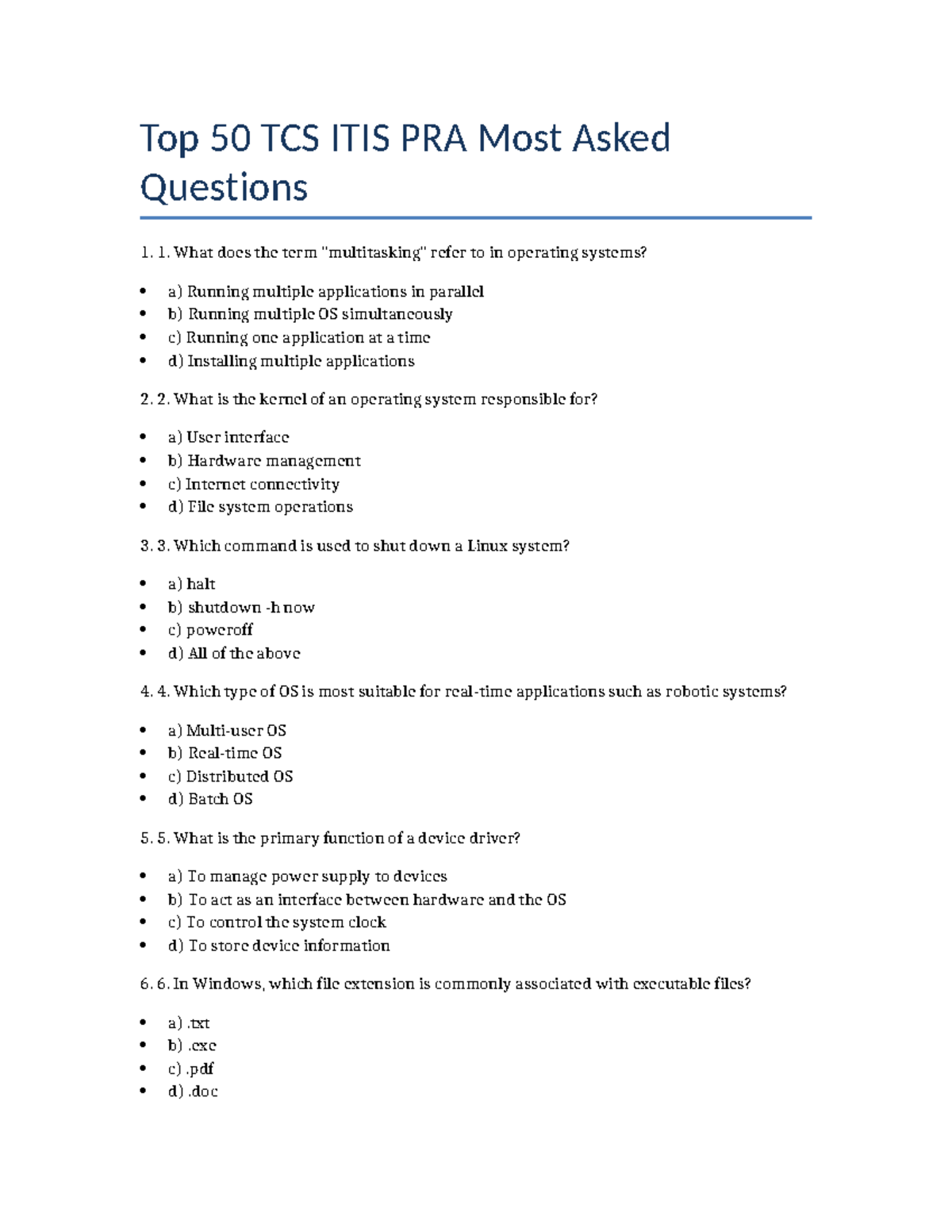 TCS ITIS PRA Top 50 Most Asked Questions on Operating Systems - Studocu
