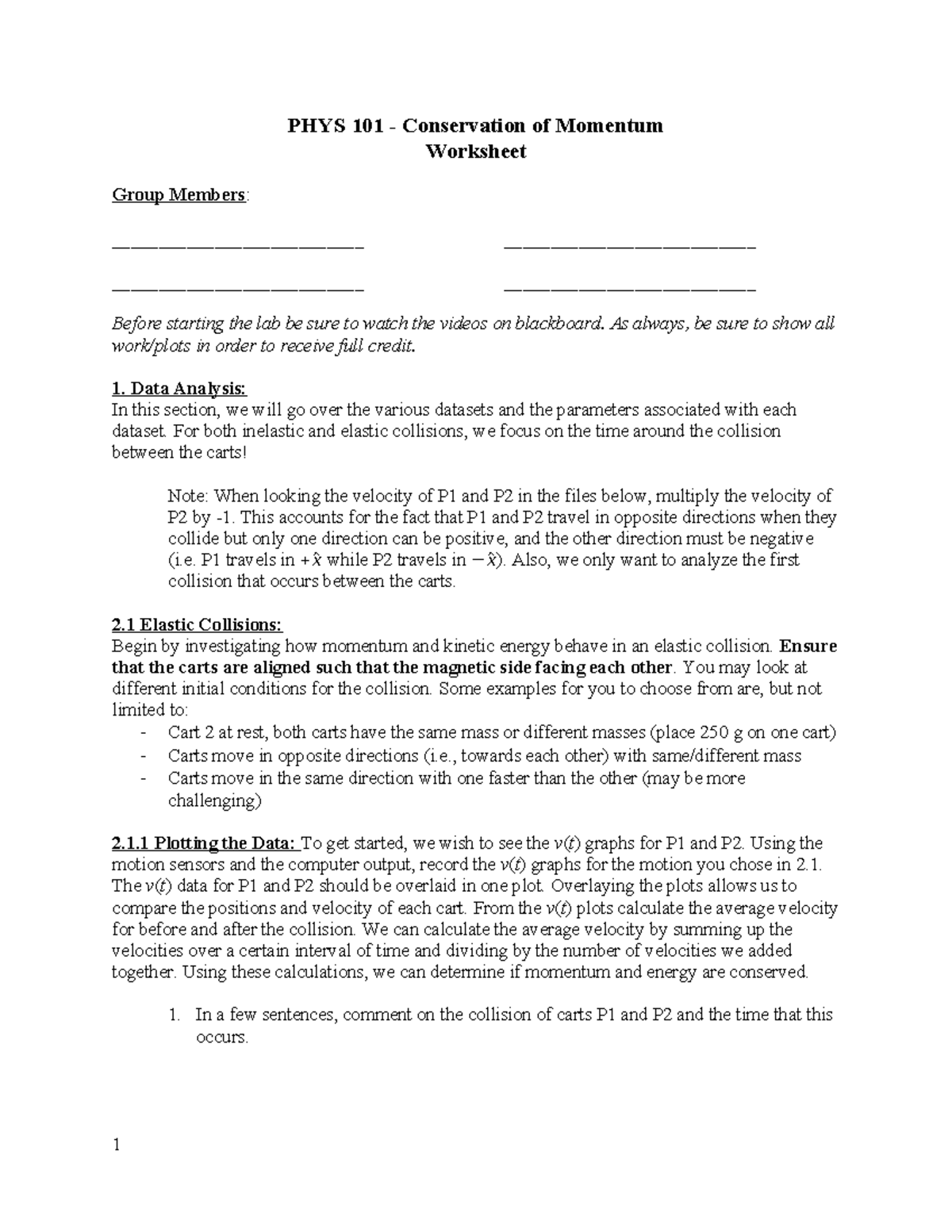PHYS 101 Lab 4: Conservation of Momentum Worksheet - Studocu