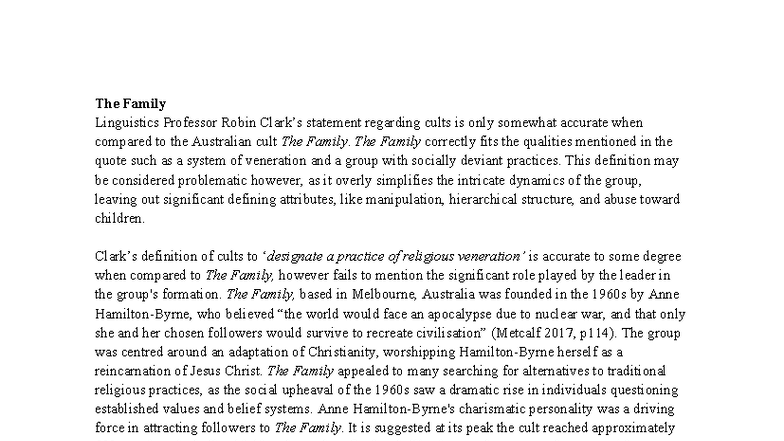 The Family: Analyzing Cult Dynamics and Leadership in Australia - Studocu