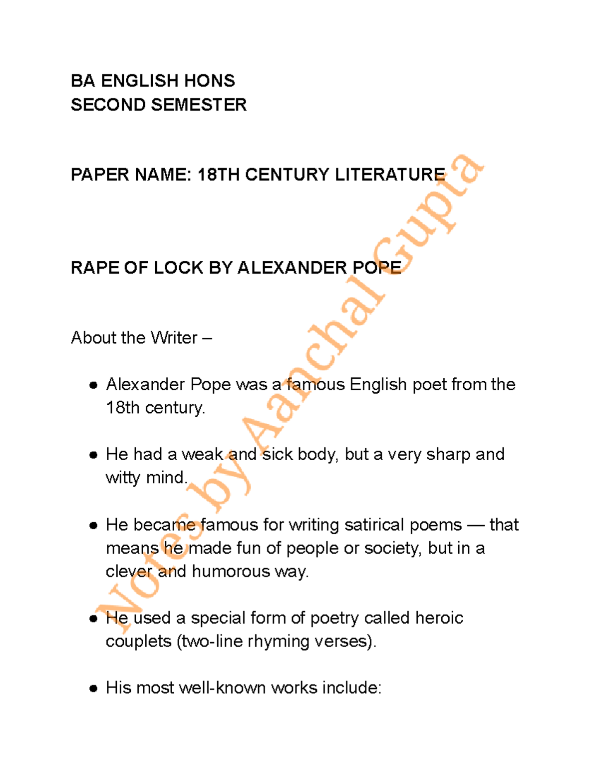 BA ENGLISH HONS 2ND SEMESTER: RAPE OF THE LOCK Study Notes - Studocu