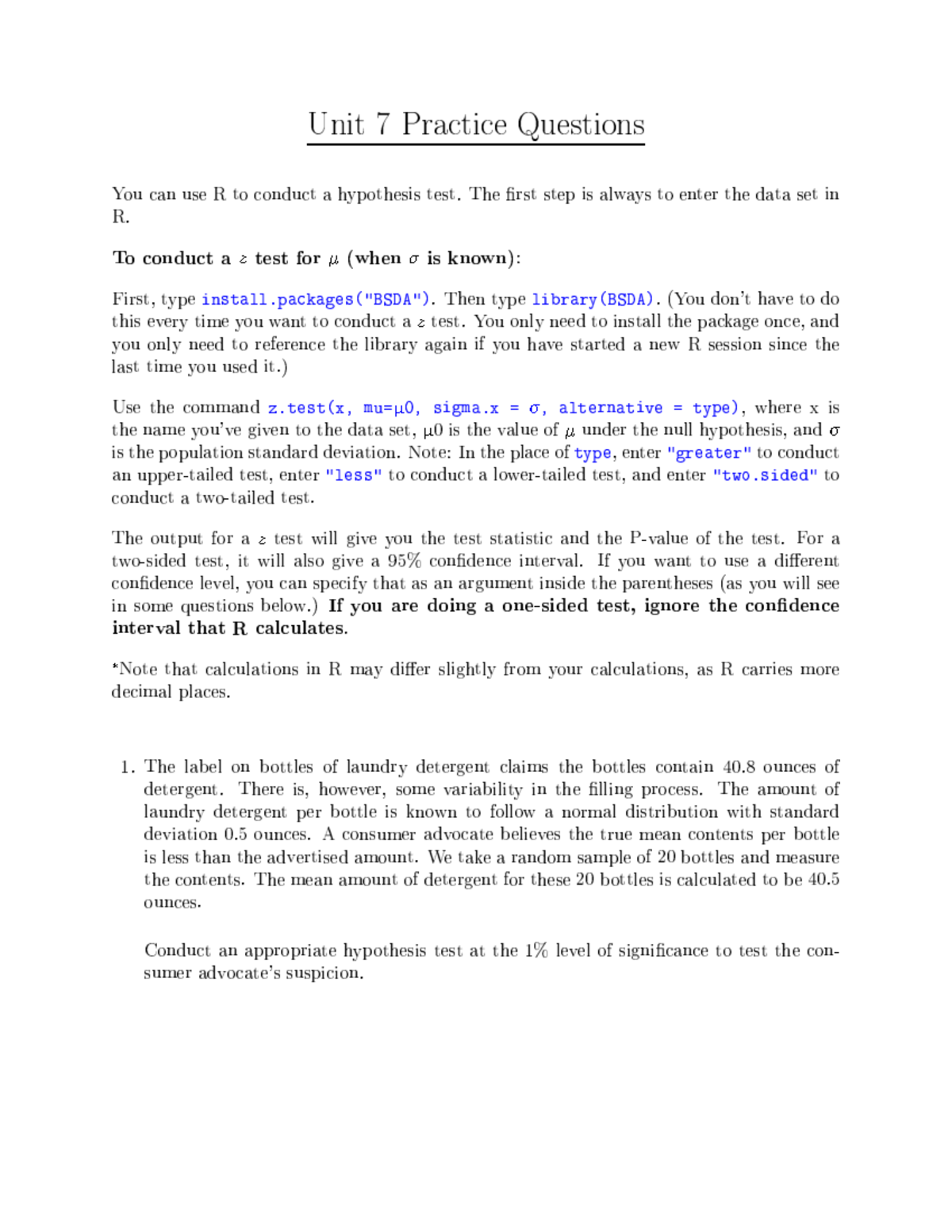 Unit 7 Practice Problems: Hypothesis Testing with R - Studocu