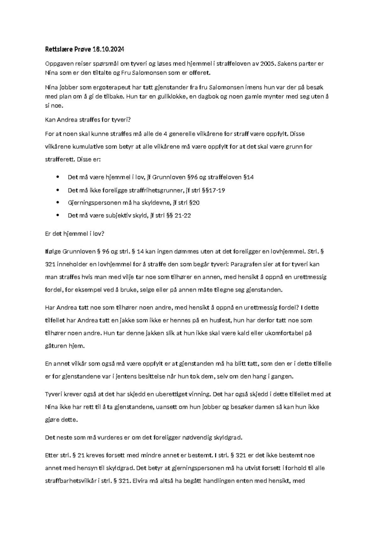 Rettslære Prøve 2024: Tyveri og Strafferett i Fokus - Studocu