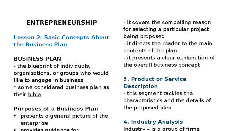 ENTREPRENEURSHIP Lesson 2: Business Plan Concepts & Marketing Mix - Studocu