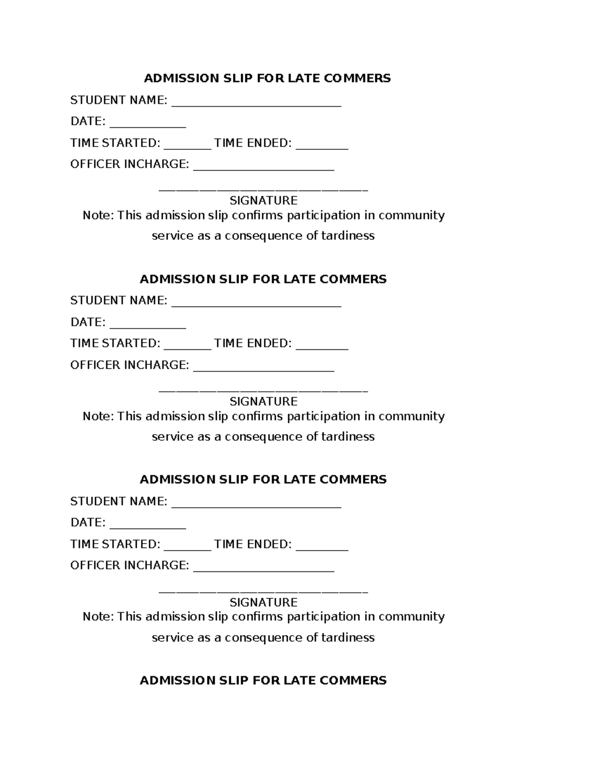Community Service Admission Slip for Late Comers - Studocu