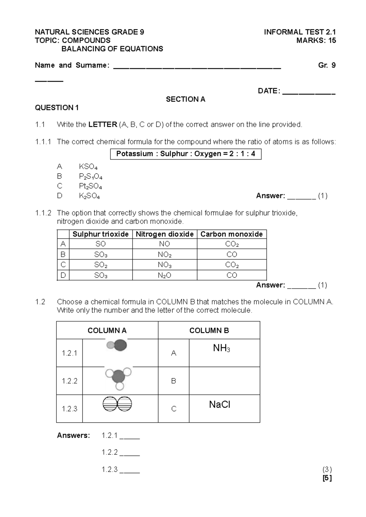 NS Gr 9 Informal Test 2.1: Compounds & Balancing Equations - Studocu