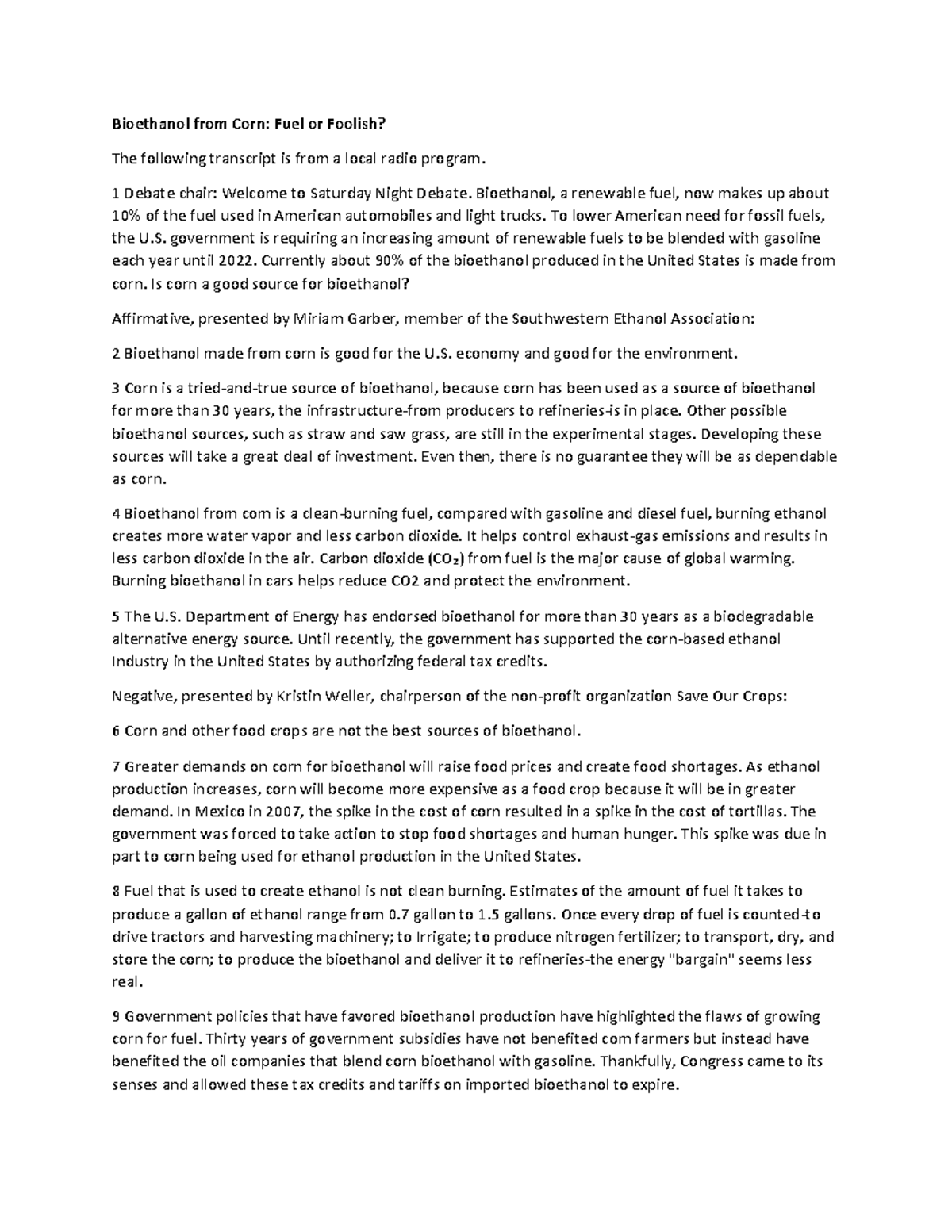 Bioethanol from Corn: Fuel or Foolish? - A Debate Overview - Studocu