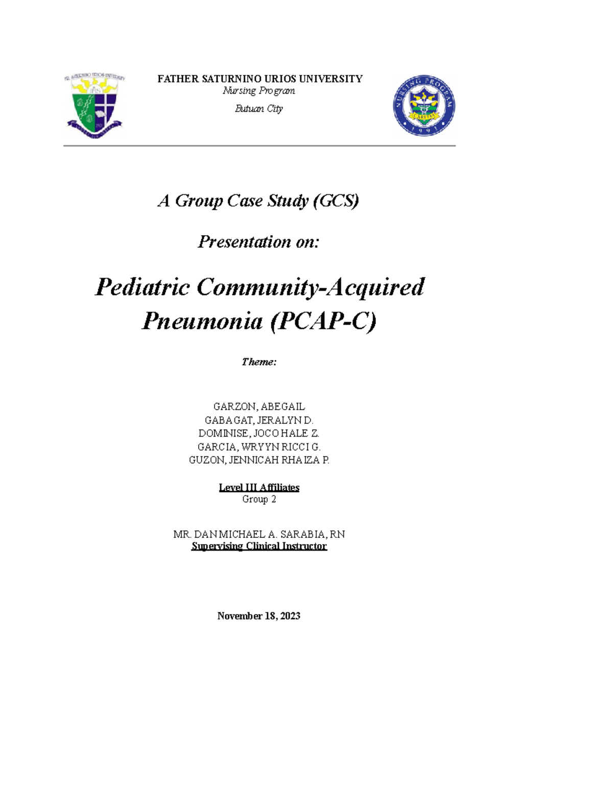 Pediatric Community-Acquired Pneumonia (PCAP-C) Case Study Report - Studocu