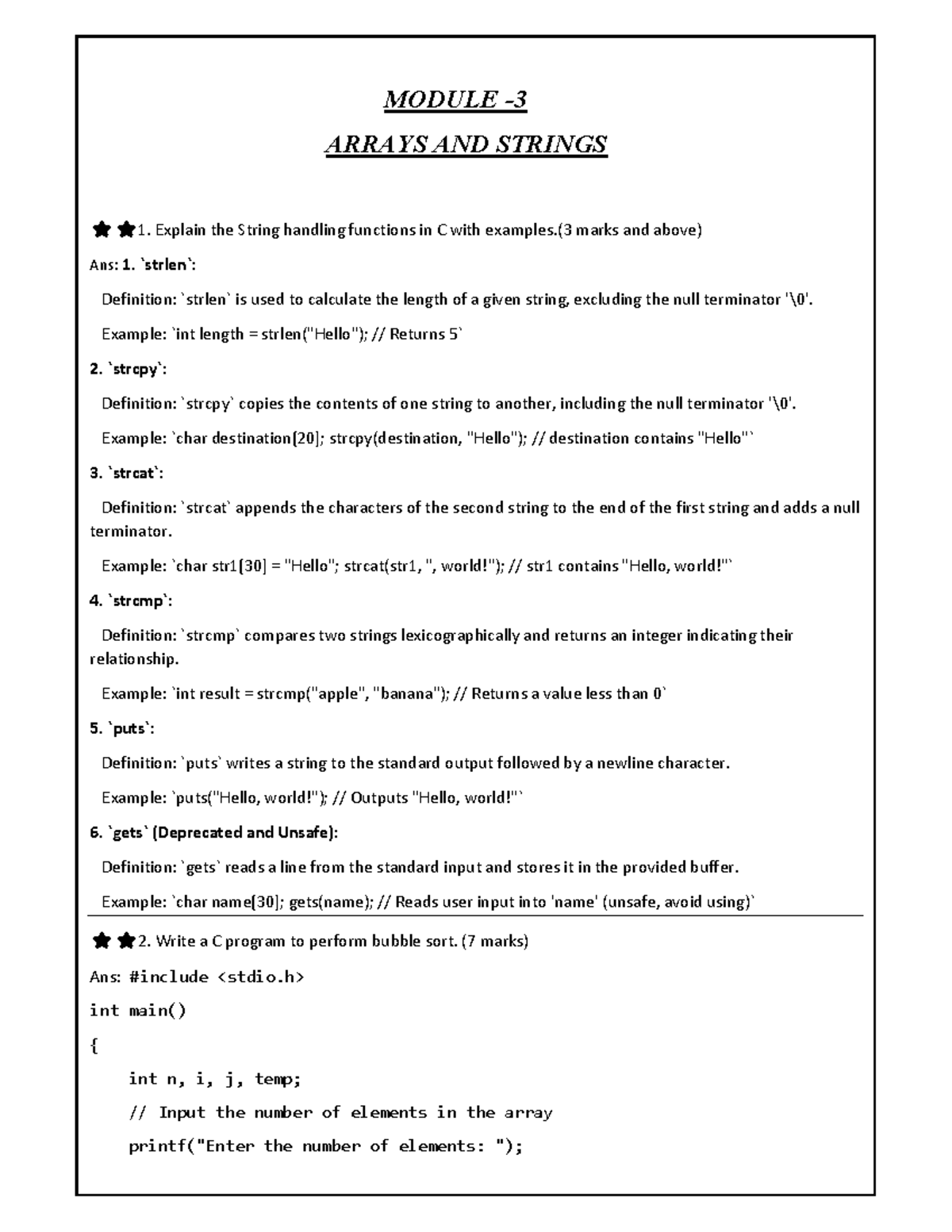 C Programming: String & Array Functions - Module 3 Important Questions ...