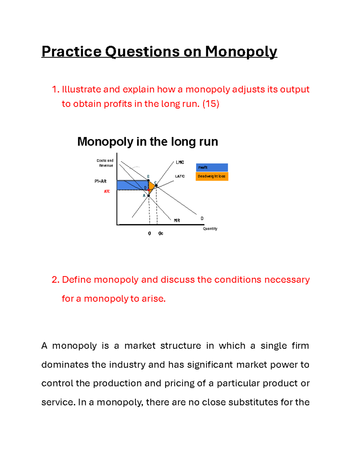 Practice Questions on Monopoly: Long-Run Output and Profit Analysis ...