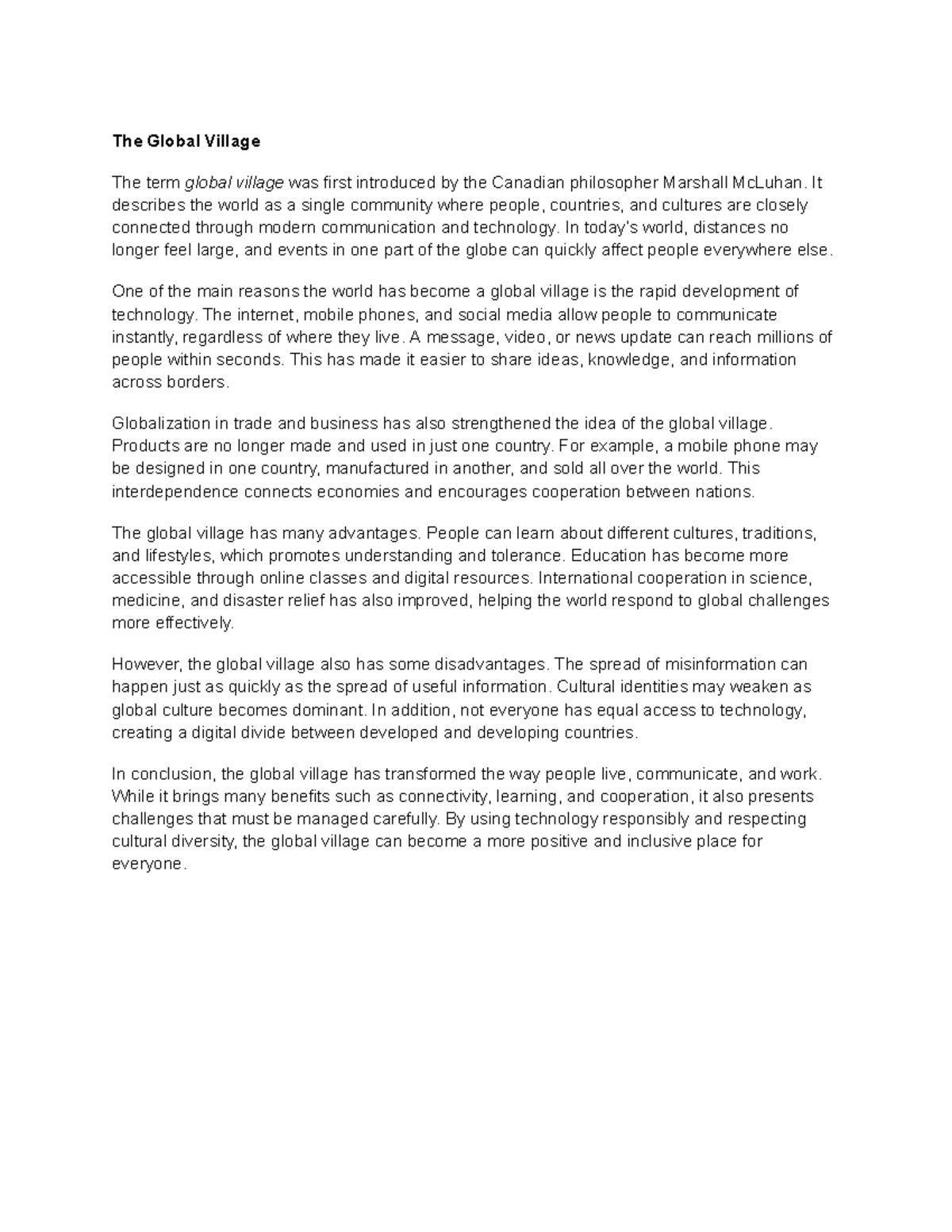 The Global Village: Understanding Connectivity and Challenges - Essay ...
