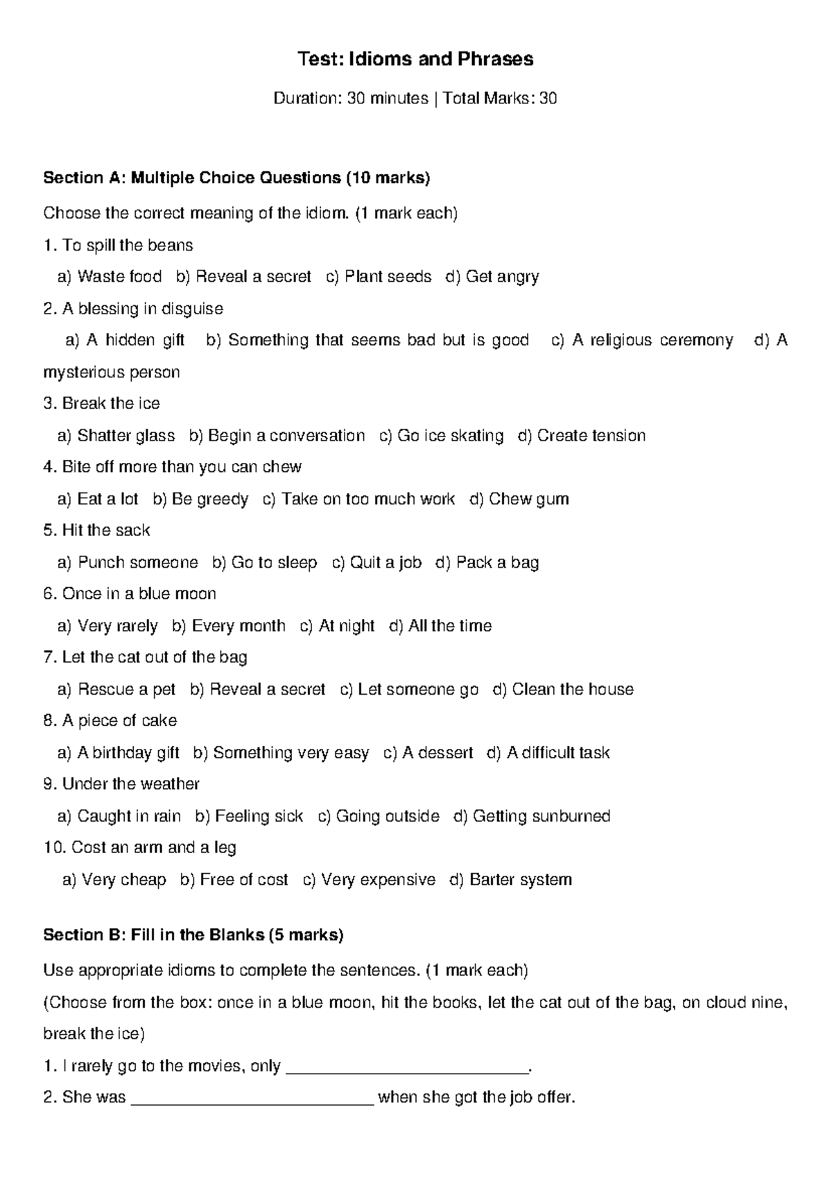 Idioms and Phrases Test (30 mins) - MCQs & Fill in the Blanks - Studocu