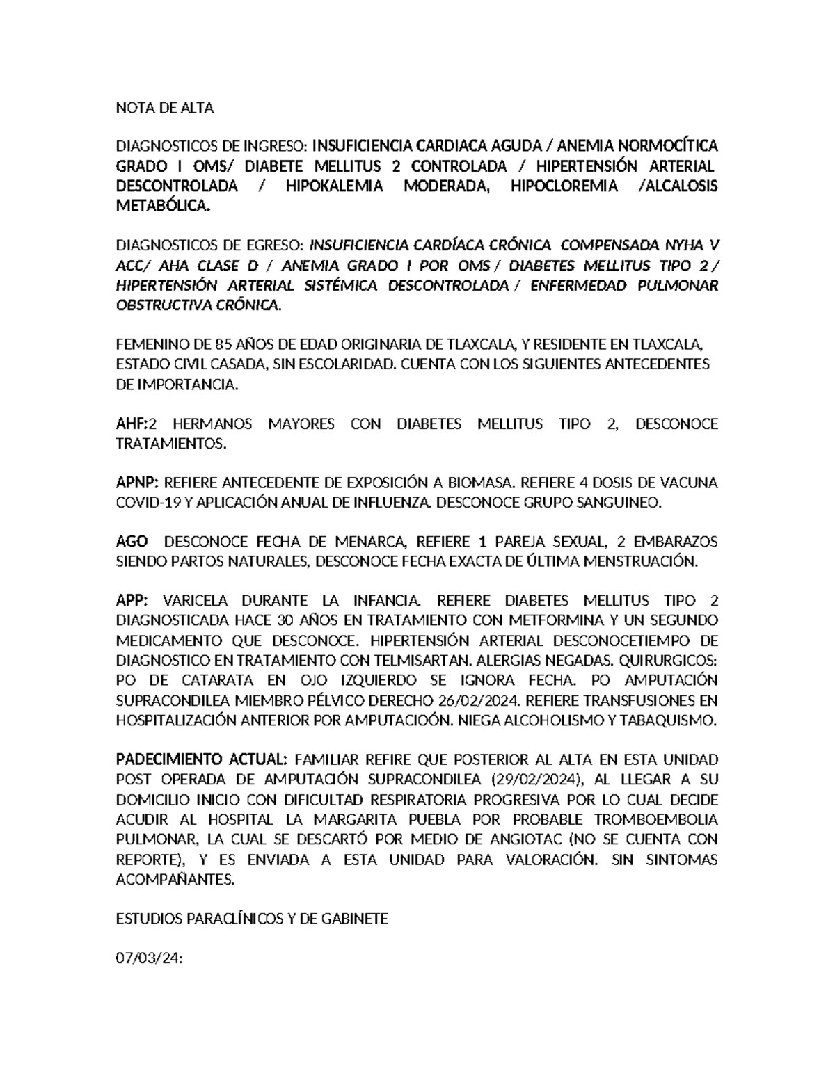 NOTA DE ALTA Geria - uni - NOTA DE ALTA DIAGNOSTICOS DE INGRESO ...