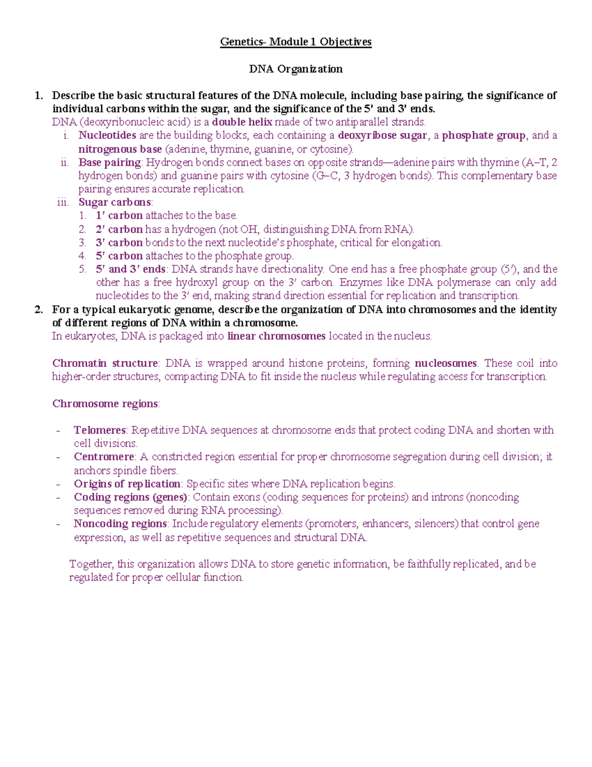 Genetics Module 1: DNA Structure & Chromosomal Organization - Studocu