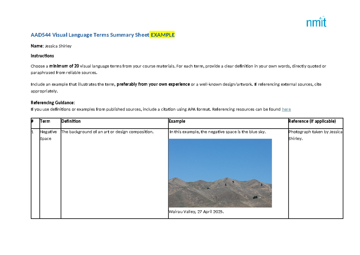 AAD544 Visual Language Terms Summary Sheet by Jessica Shirley - Studocu