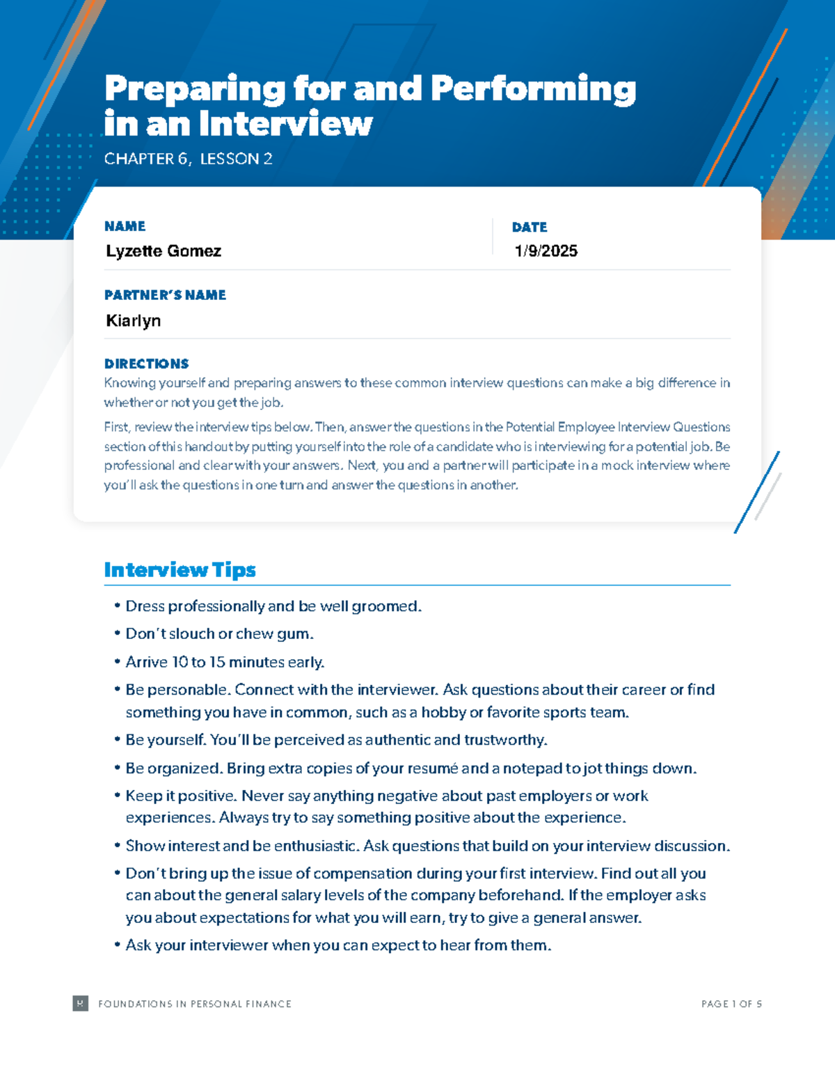Preparing for Interviews: Chapter 6, Lesson 2 Activity Guide - Studocu