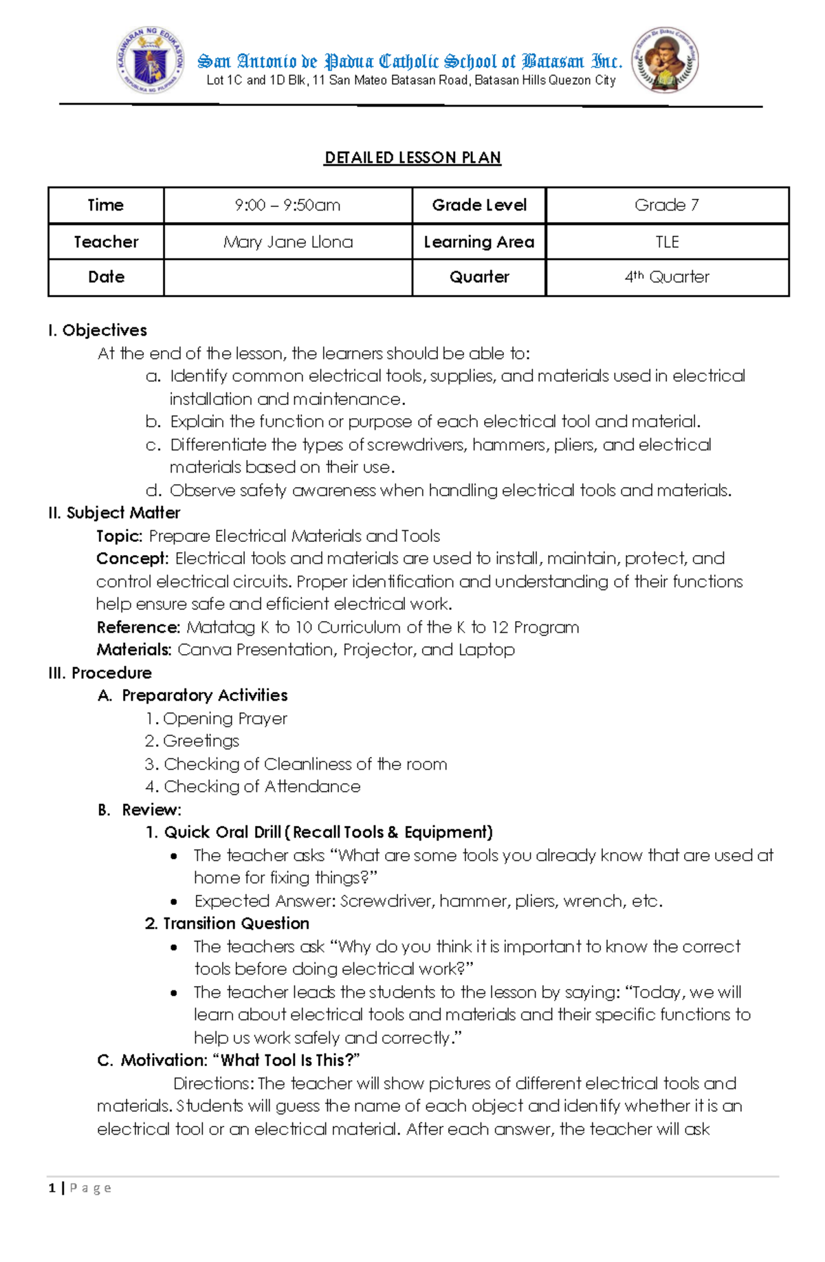 EIM - DGD: Detailed Lesson Plan on Electrical Tools for Grade 7 - Studocu