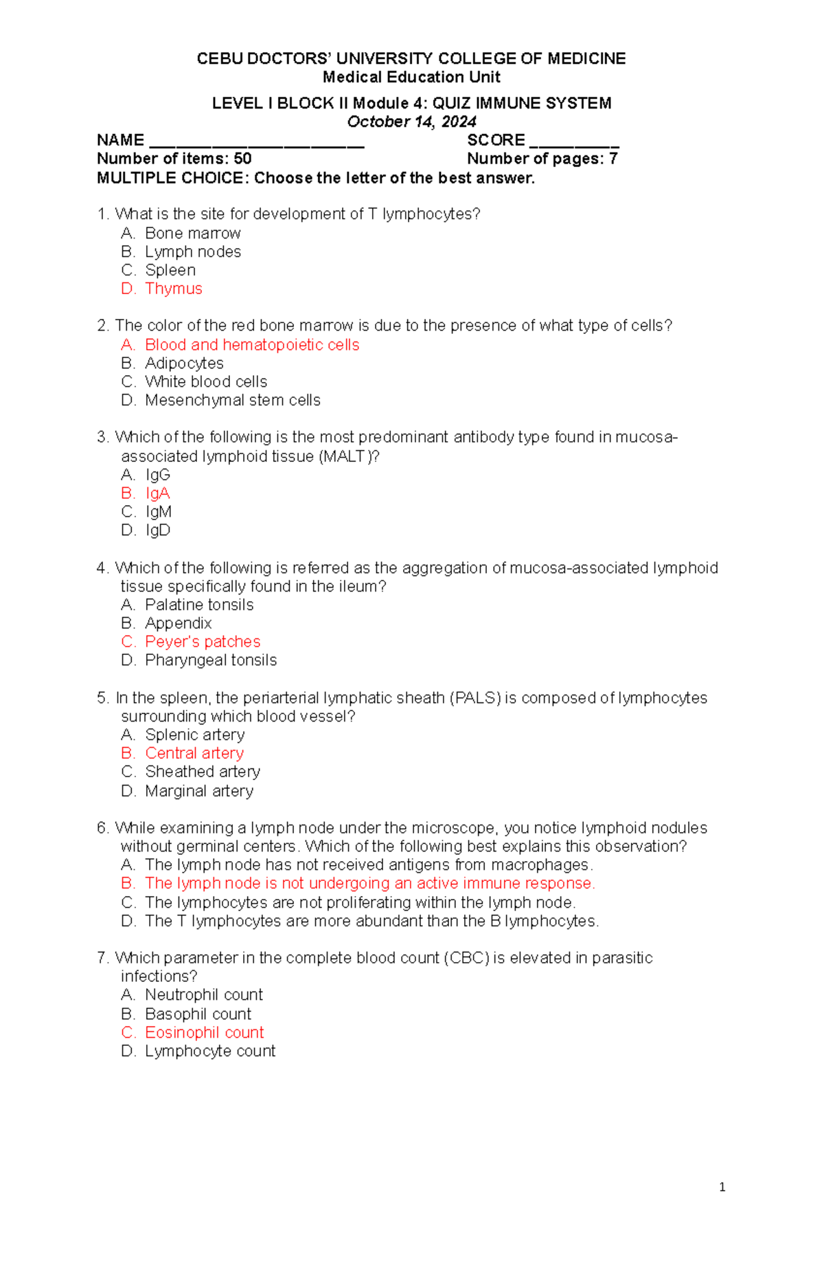 LEVEL I BLOCK II Module 4: QUIZ ON THE IMMUNE SYSTEM (Oct 14, 2024 ...