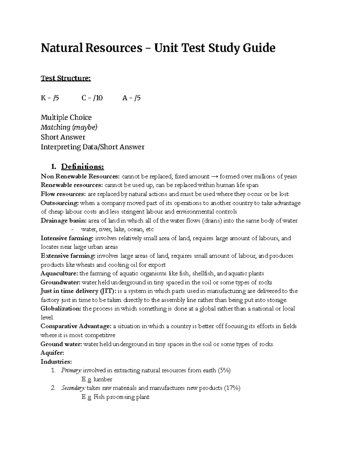 Natural Resources Unit Test Review - Natural Resources - Unit Test ...