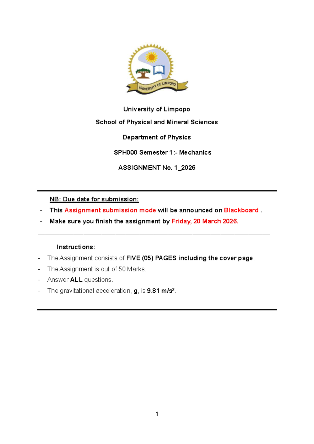 SPHS000 Mechanics Assignment 1 - University of Limpopo 2026 - Studocu