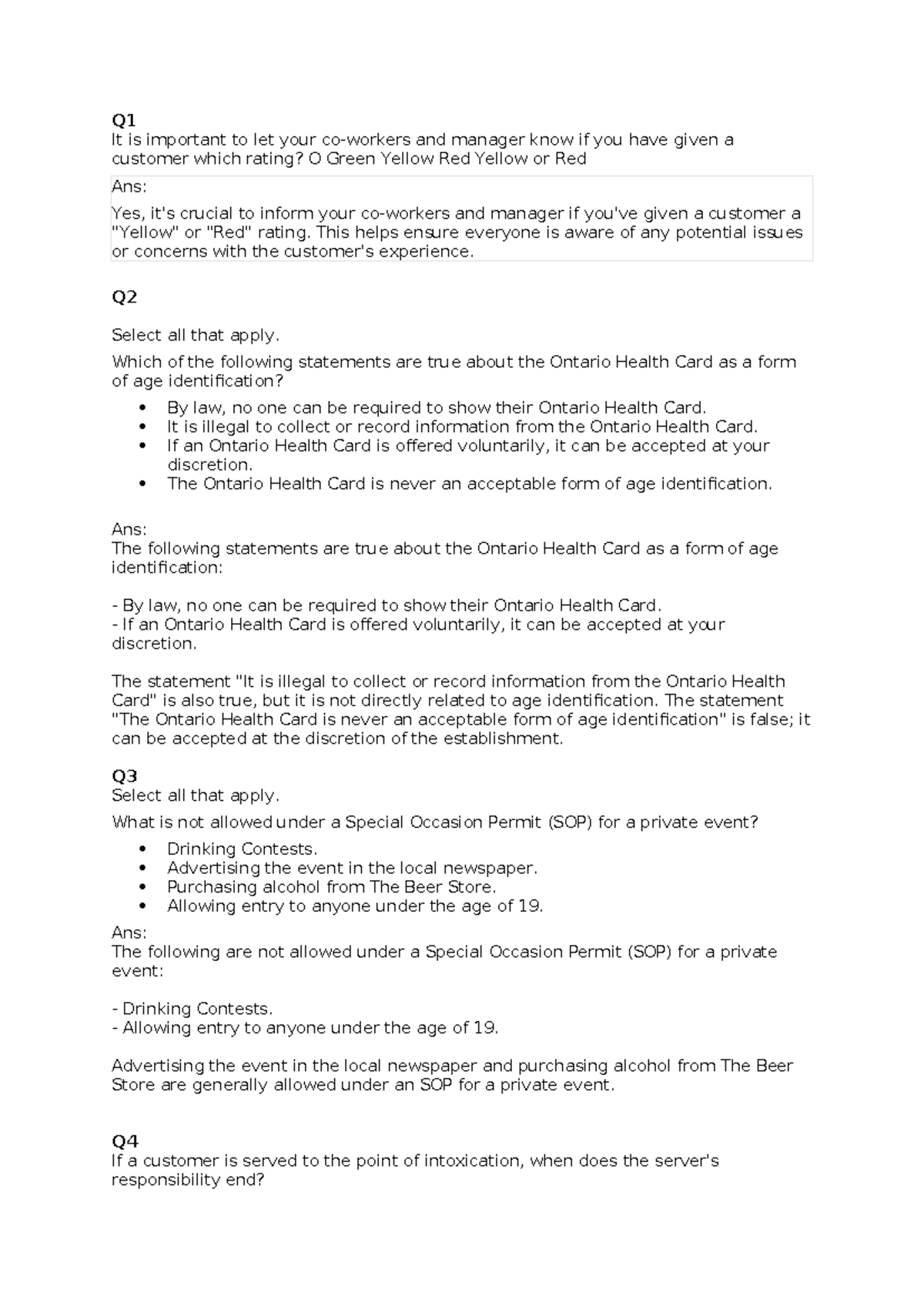 Smart Serve Questions for Ontario: Responsible Serving Guidelines - Studocu