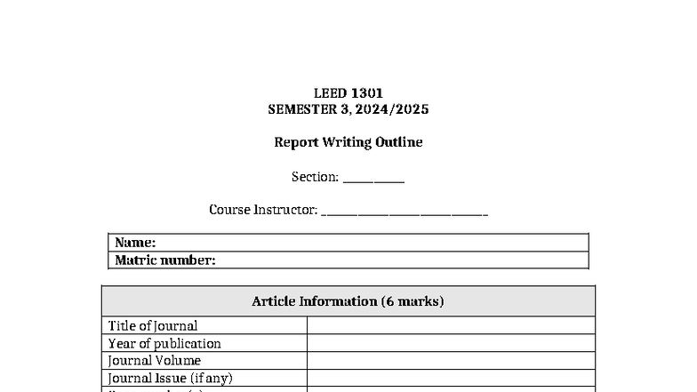 LEED 1301 Semester 3: Reading Report Outline Template - Studocu