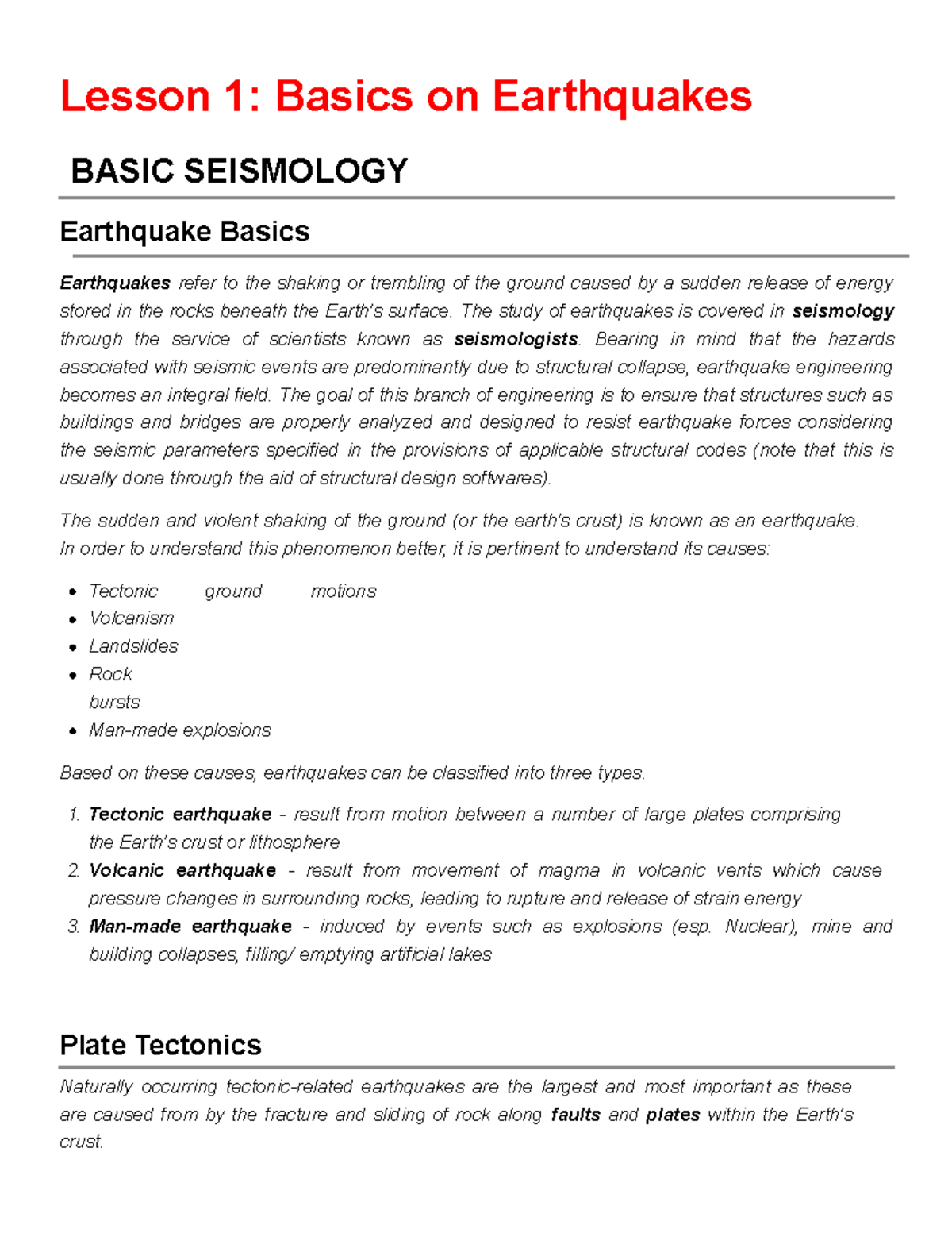 Basics of Earthquakes - Seismology & Plate Tectonics Overview - Studocu