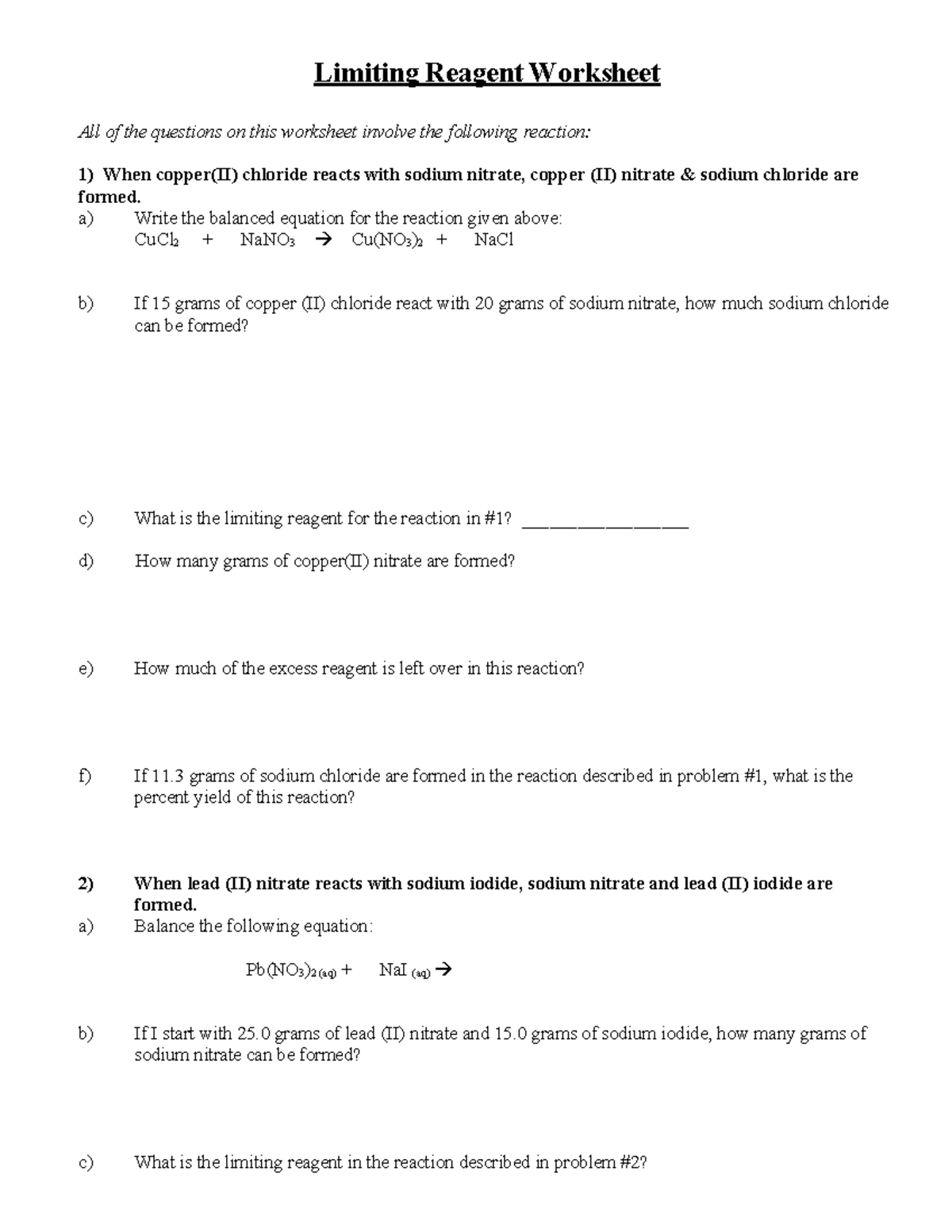Limiting Reagent Worksheet: Reactions & Calculations - Studocu