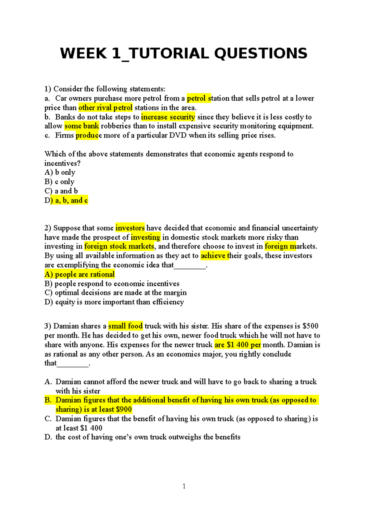 ECO10005 Week 1Tutorial Questions - WEEK 1_TUTORIAL QUESTIONS Consider ...