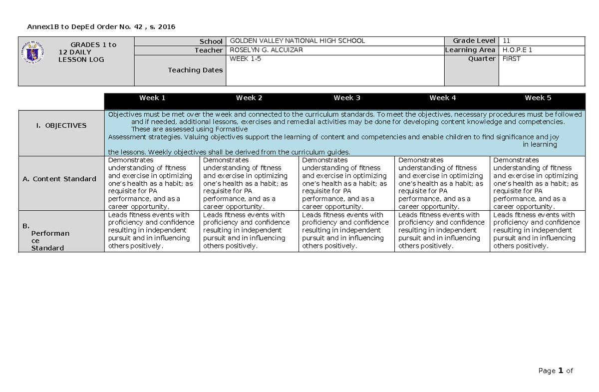 Physical Education & Health DLL (W1-5) for Grades 1-12 - Studocu