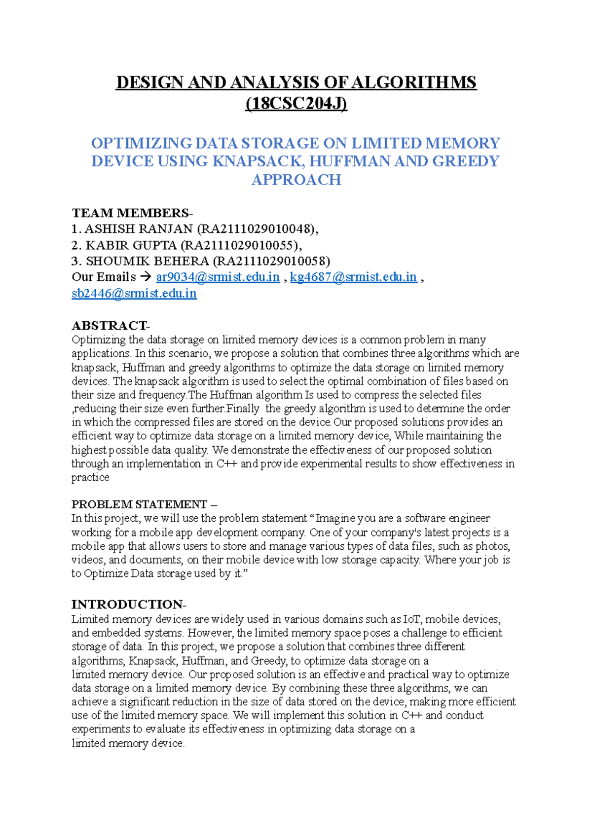 Design AND Analysis OF Algorithms-MINI Project - DESIGN AND ANALYSIS OF ALGORITHMS (18CSC204J ...