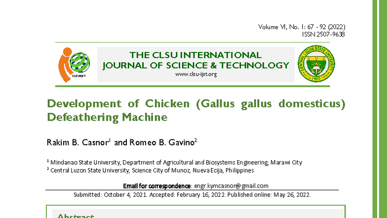 Development of Chicken Defeathering Machine for Small Scale Processing ...