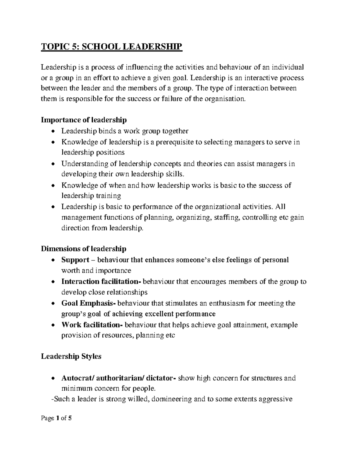 Topic 5: School Leadership Concepts and Theories (074148) - Studocu